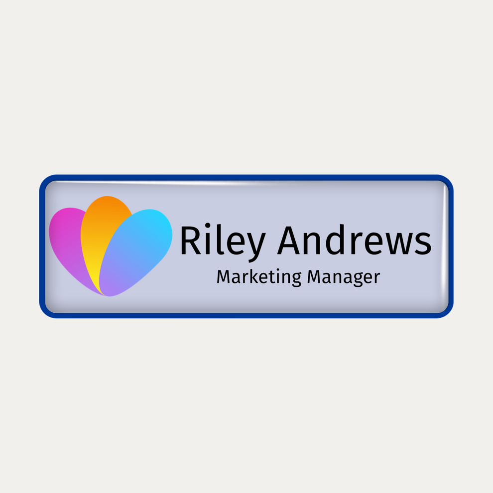 Metal name badge with resin coating (logo and text - 2 lines ...